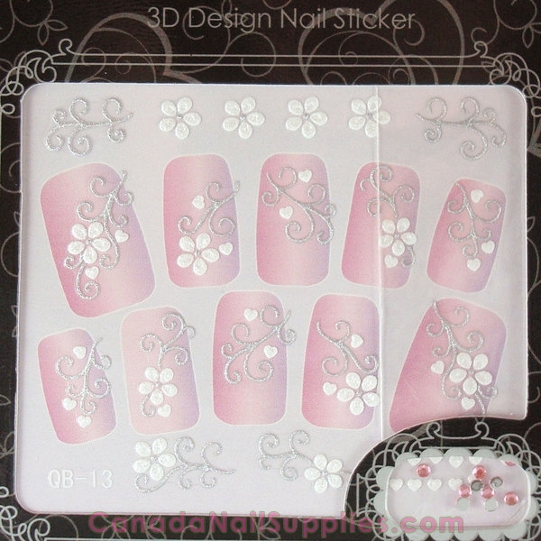 3D Nail Stickers - White Flowers & Silver Scrolls w/ Pink Rhinestones ...